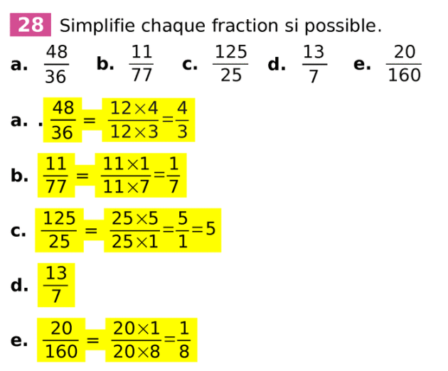 Simplifier des fractions exercices corrigés