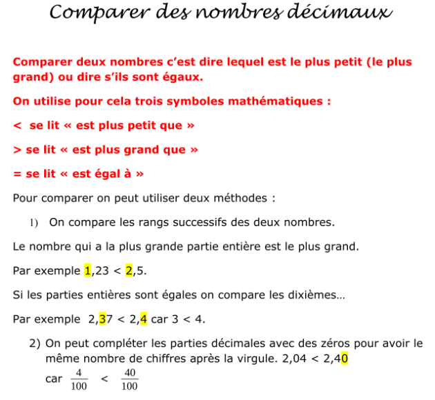 comparer des nombres décimaux cours